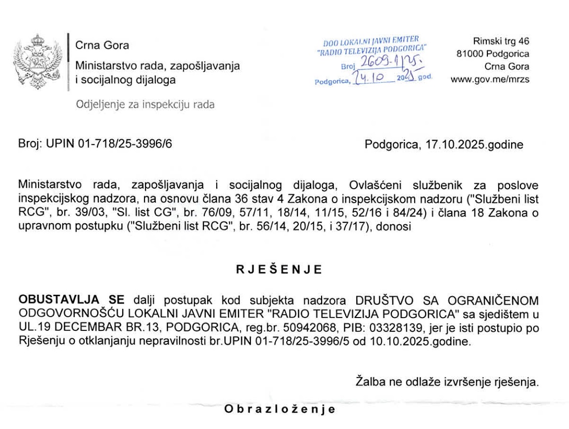 Inspekcija rada obustavila postupak: RTV Podgorica postupila po ...